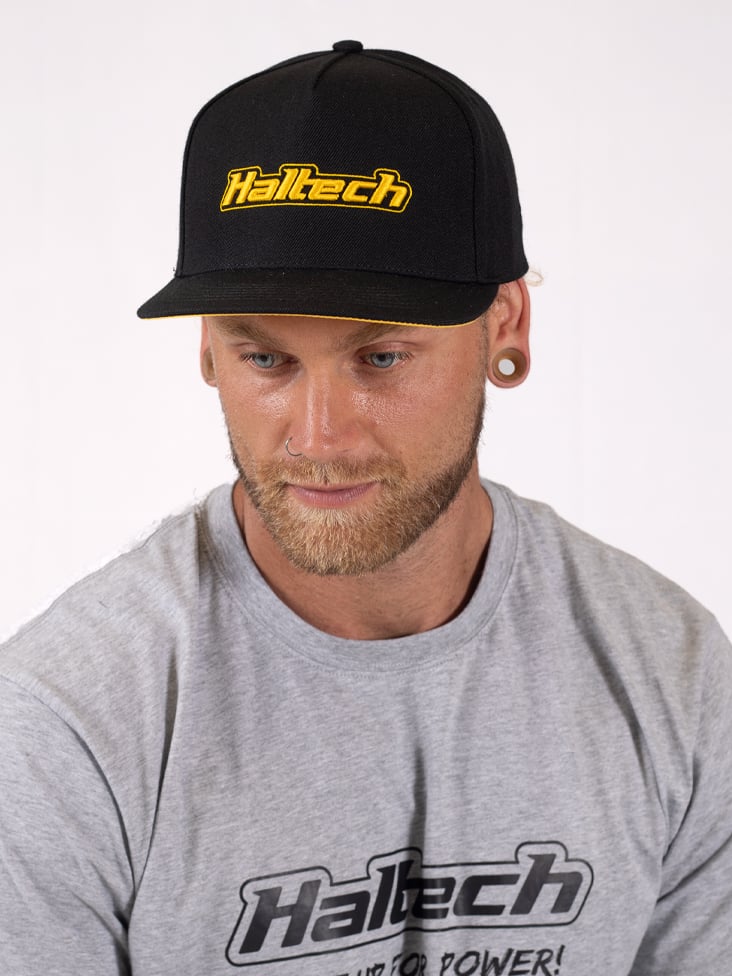 Haltech Snapback Cap Black with Yellow Logo — Fast Lane Spares